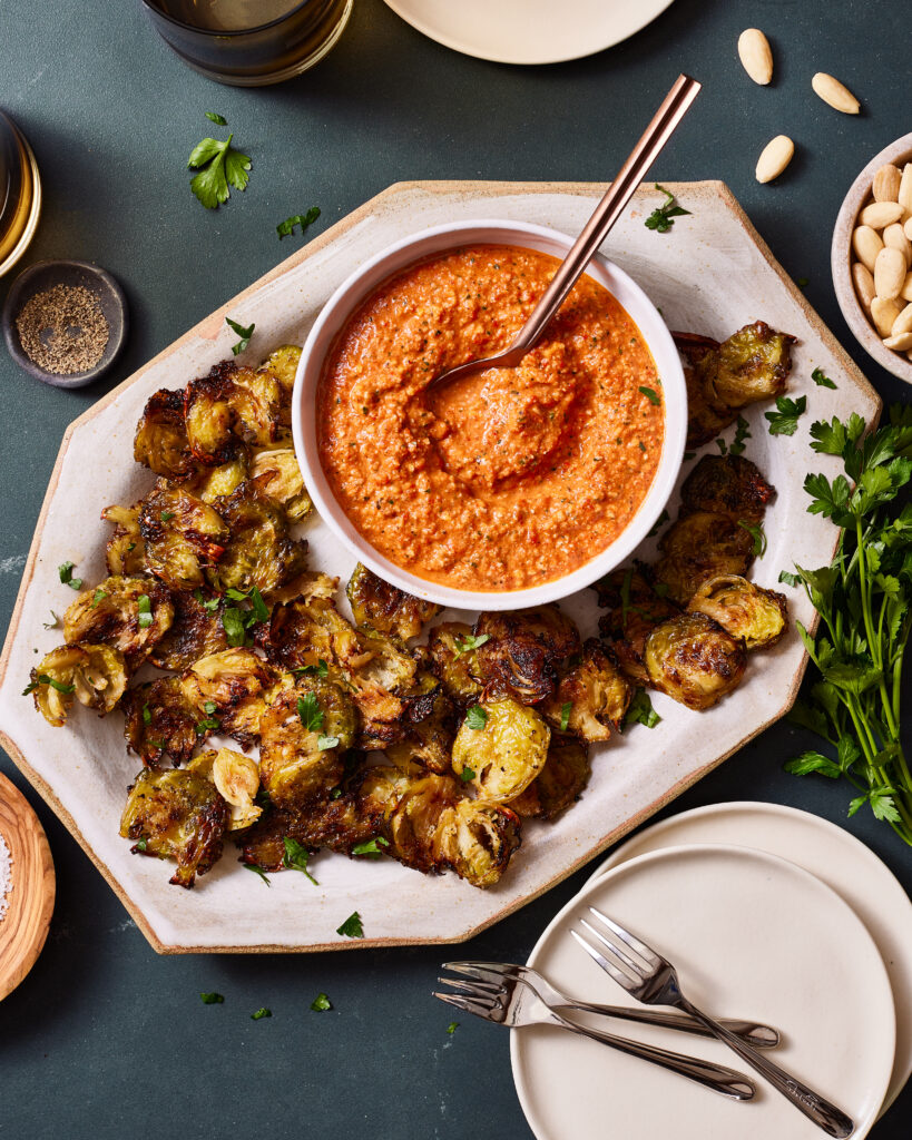 The Best Smashed Brussels Sprouts with Romesco Dipping Sauce - Kalejunkie