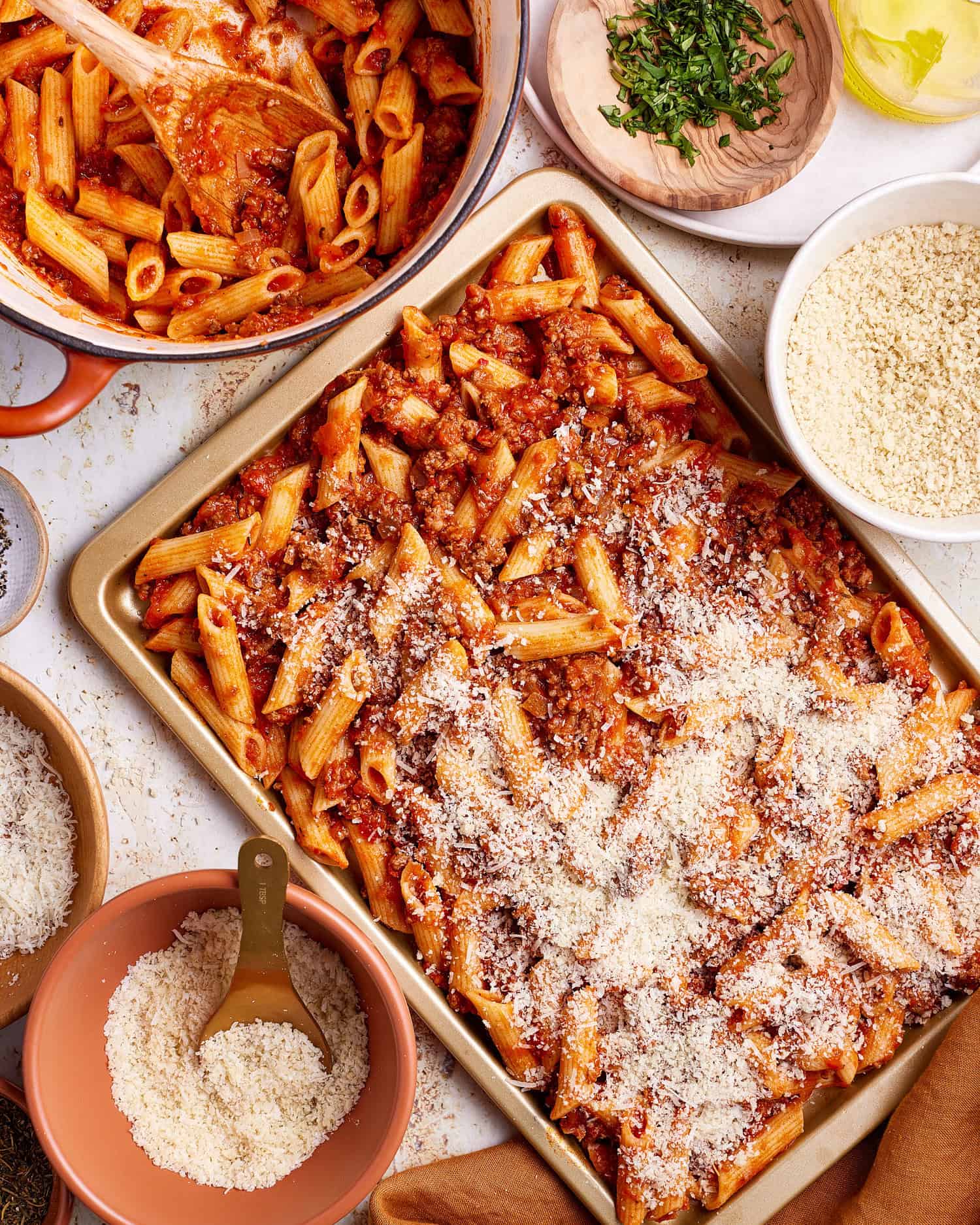 Sheet Pan Crunchy Penne Arrabiata with Meat Sauce - Kalejunkie