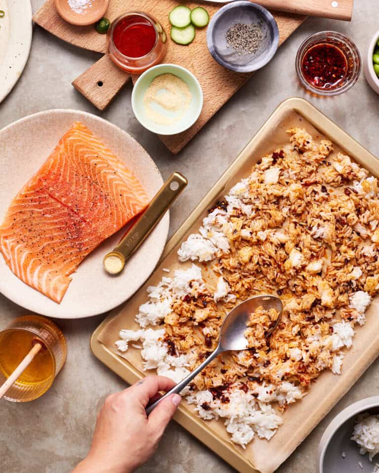 Crispy Rice Salmon Cucumber Salad with Creamy Asian Dressing - Kalejunkie