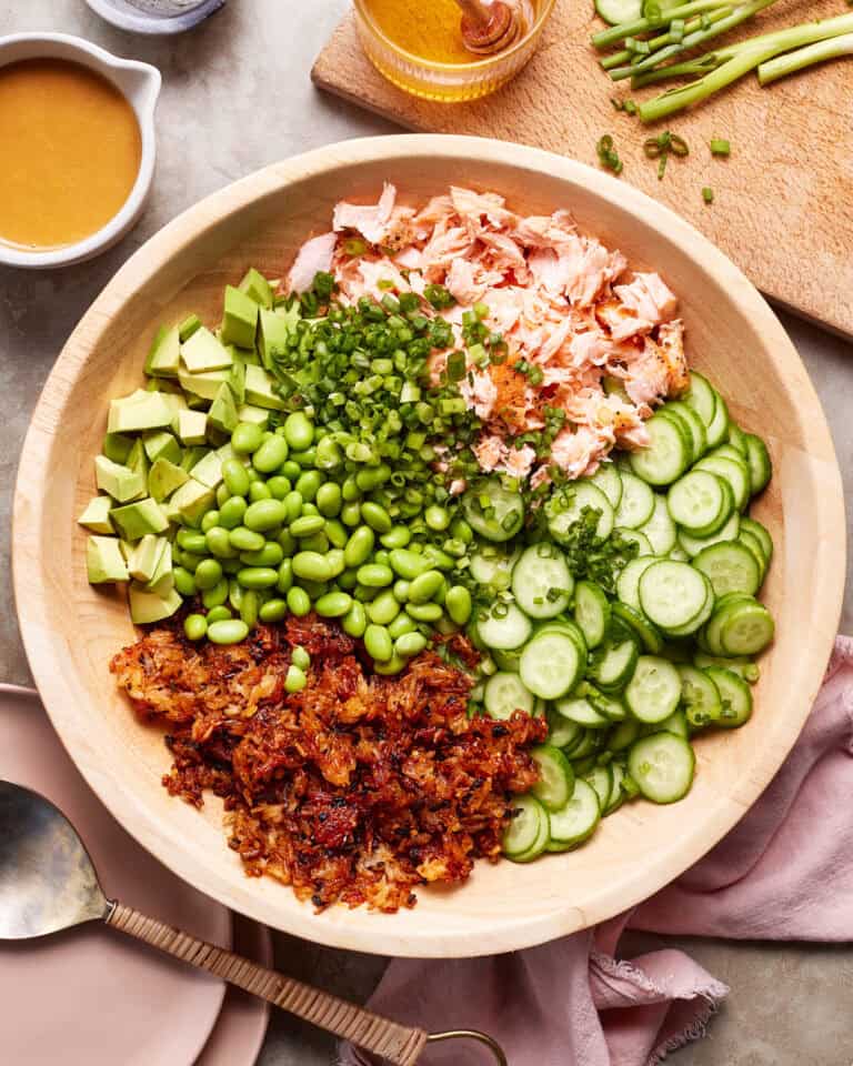 Crispy Rice Salmon Cucumber Salad with Creamy Asian Dressing - Kalejunkie