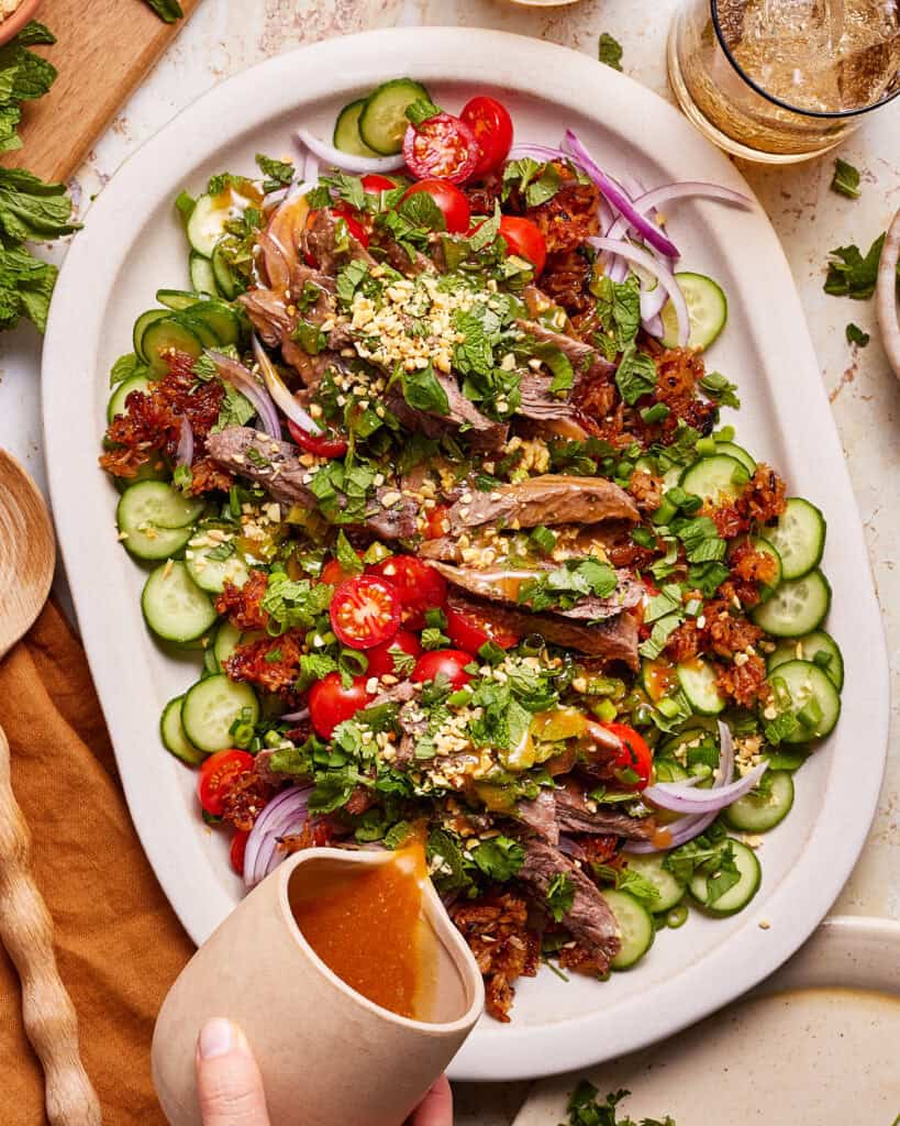 Crispy Rice Steak Salad with Thai-Inspired Dressing - Kalejunkie
