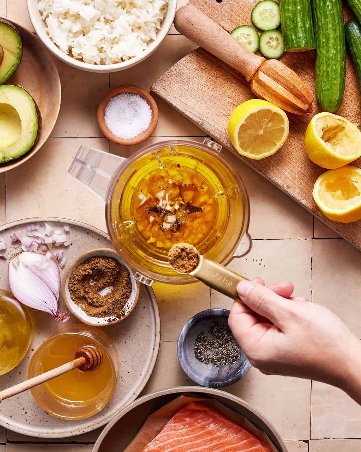 Crispy Rice Salmon Crunch Salad with Creamy Lemon-Cumin Dressing ...