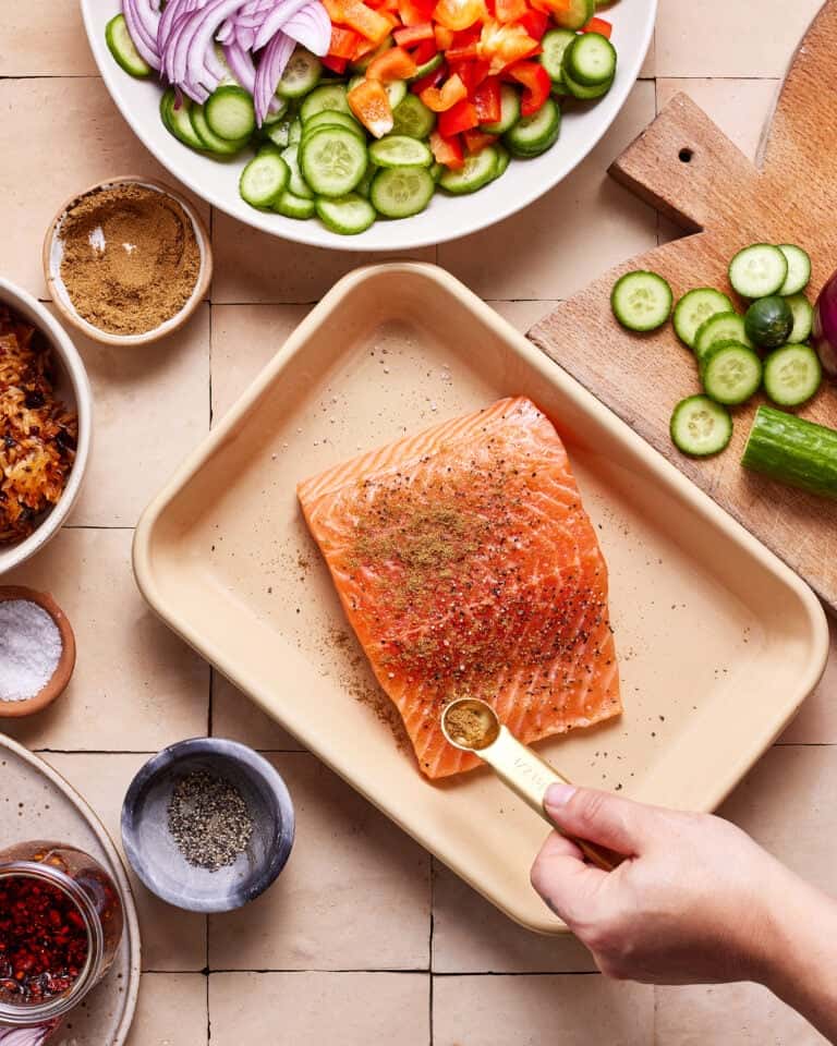 Crispy Rice Salmon Crunch Salad with Creamy Lemon-Cumin Dressing ...