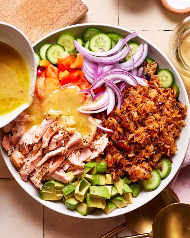 Crispy Rice Salmon Crunch Salad with Creamy Lemon-Cumin Dressing ...