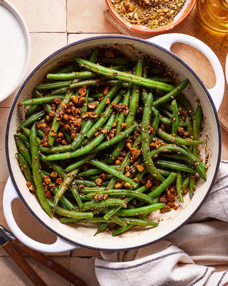 Brown Butter Green Beans with Toasted Pistachios and Lemony Whipped Feta - Kalejunkie