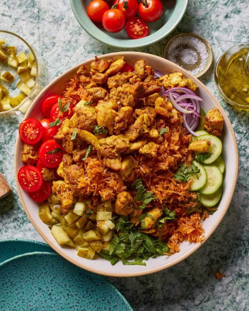 Chicken Shawarma Crispy Rice Salad with Lemon-Tahini Dressing - Kalejunkie