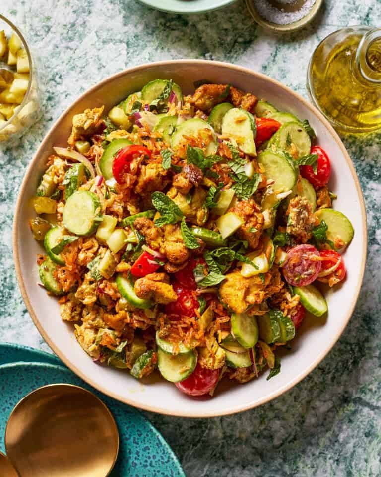 Chicken Shawarma Crispy Rice Salad with Lemon-Tahini Dressing - Kalejunkie