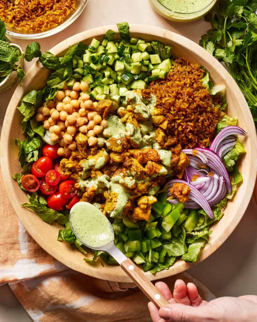 Chicken Shawarma Crispy Rice Salad with Lemon-Tahini Dressing - Kalejunkie